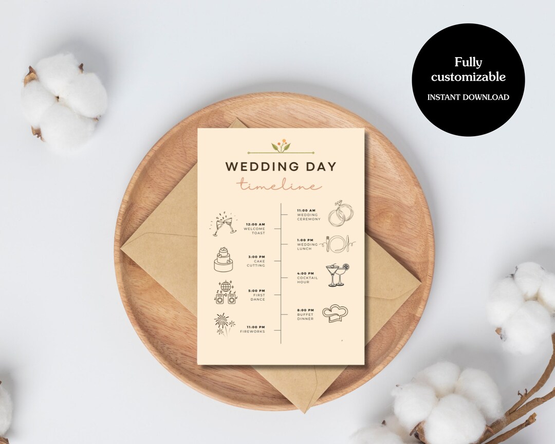 Beige Wedding Day Timeline Invitation Template Toast, Ceremony, Cake ...