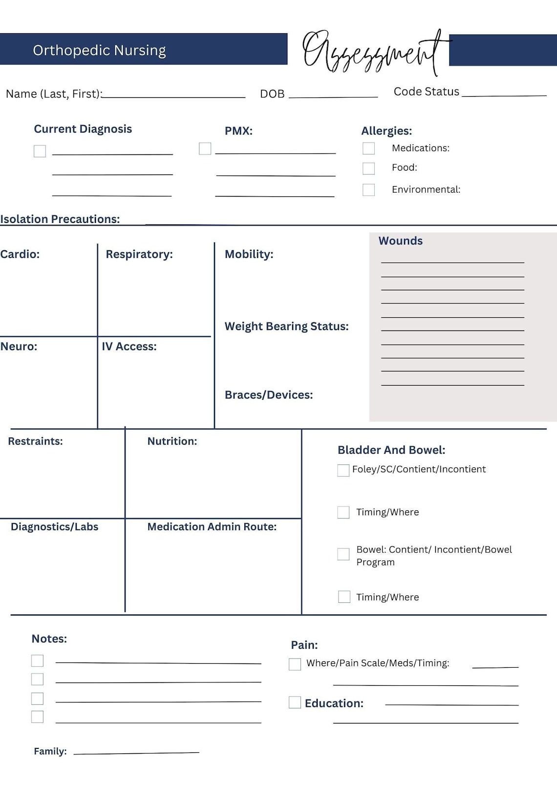 Orthopedic Nursing Report Sheet - Etsy