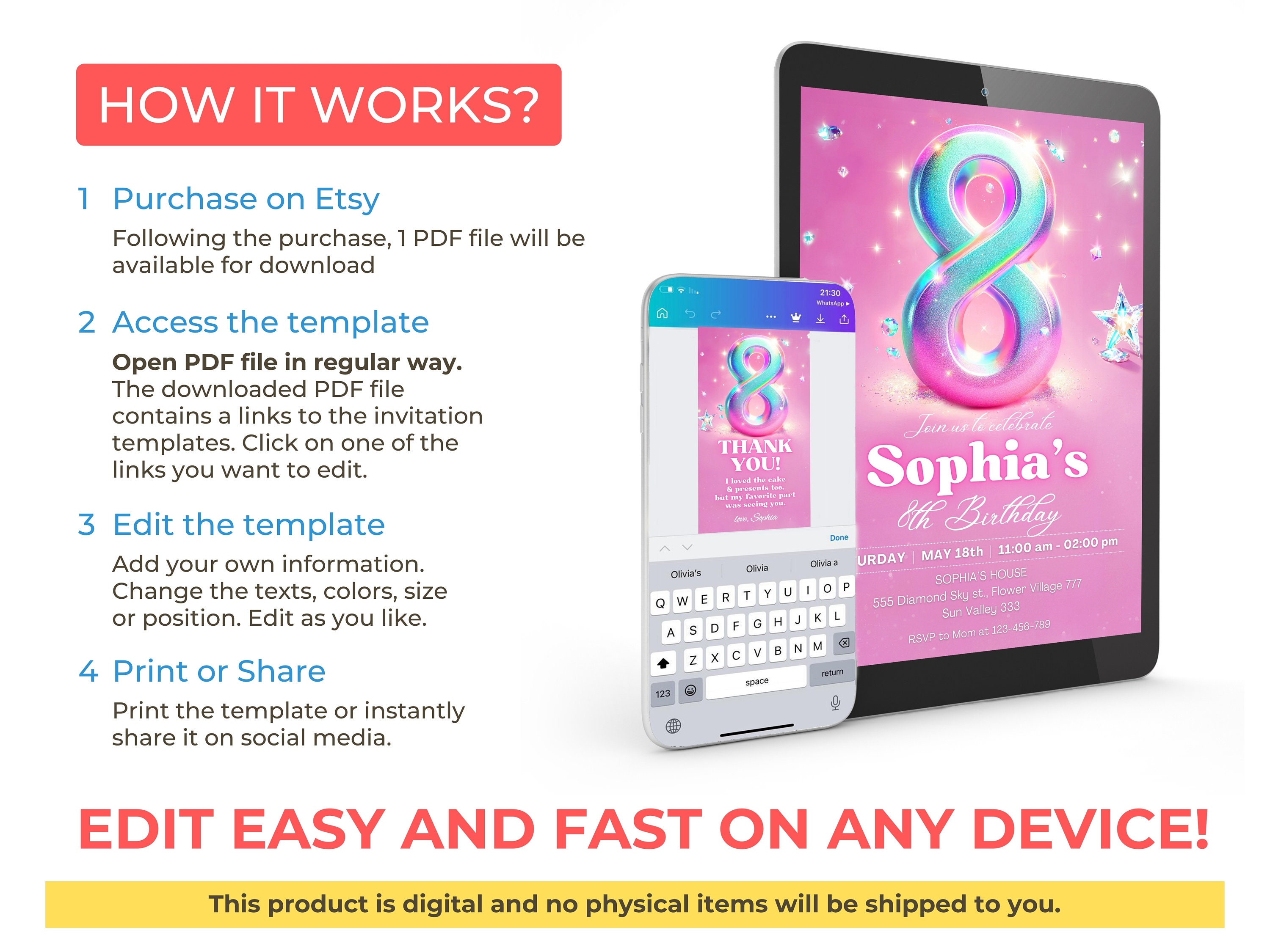 Editable Pink 8th Birthday Invitation Template Diamond Crown Glitter ...