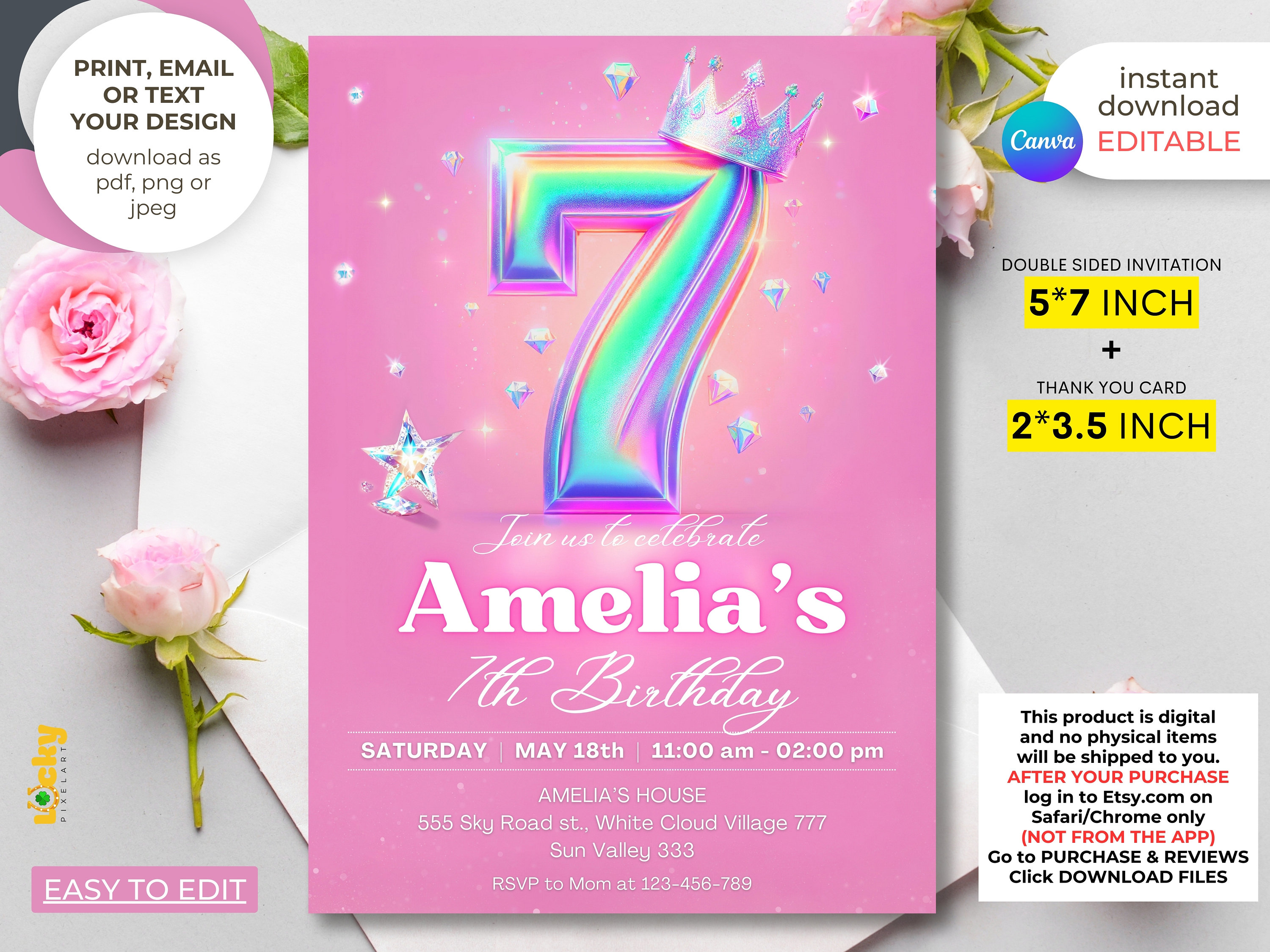 Editable Pink 7th Birthday Invitation Template Diamond Crown Glitter ...