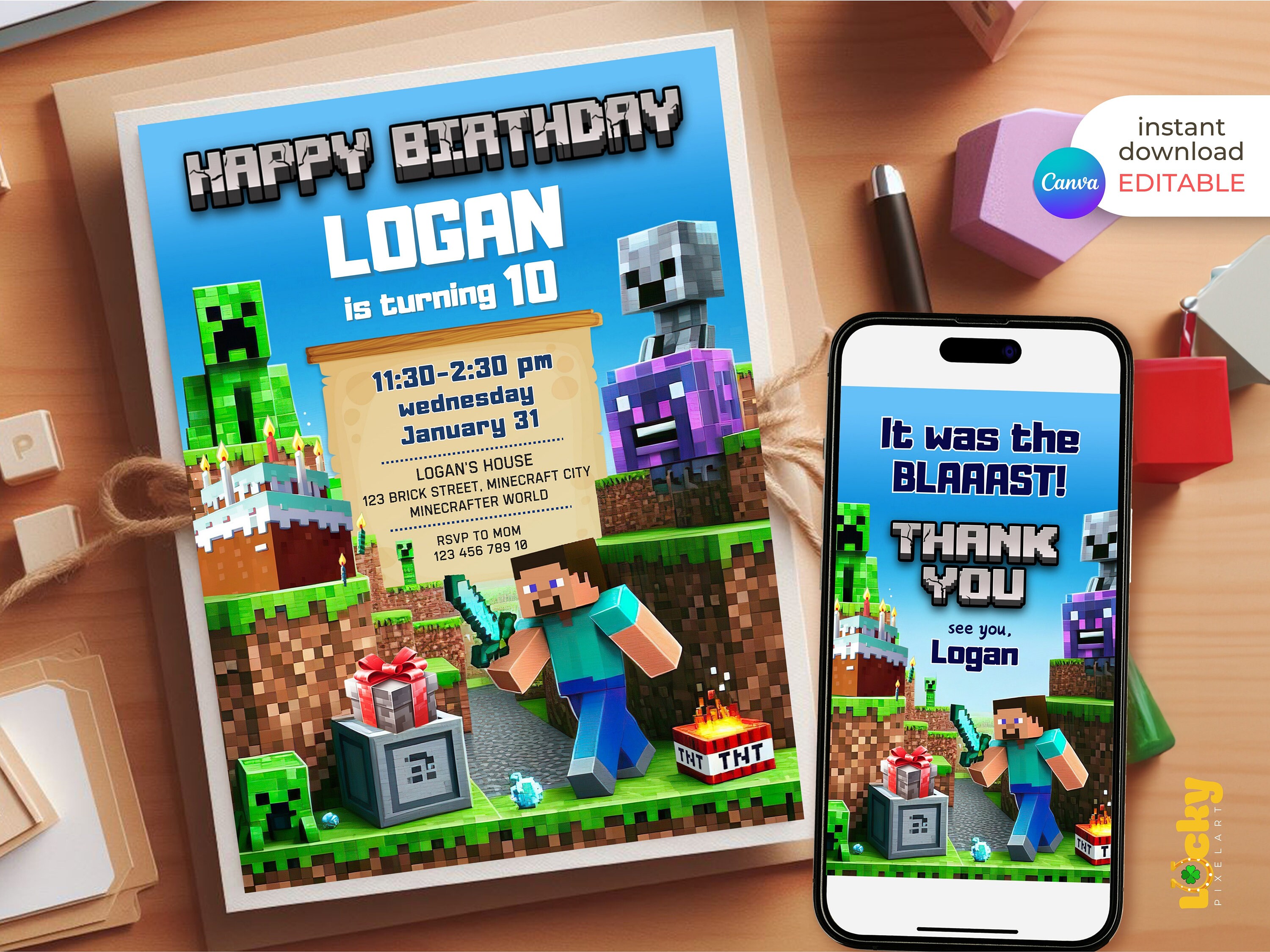 Editable Minecraft Birthday Invitation Minecrafter Party Kids ...