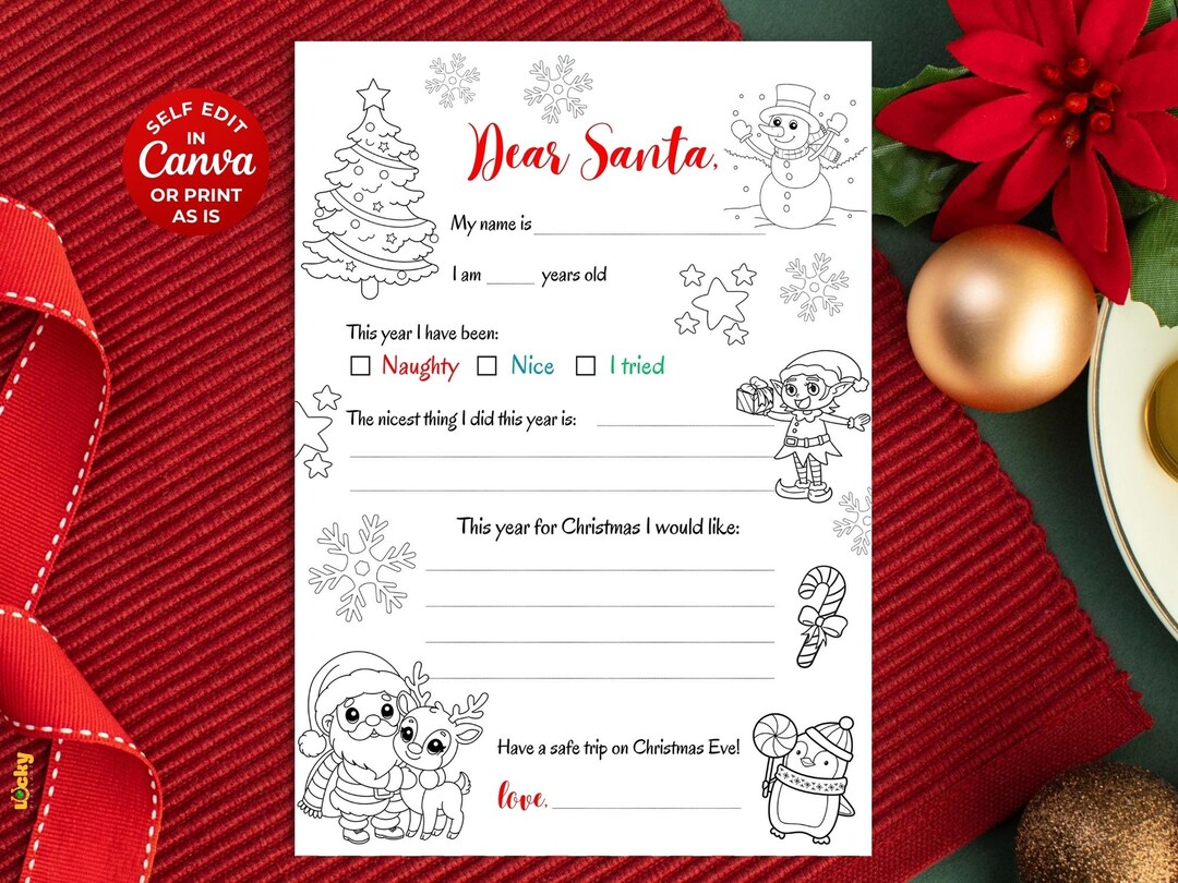 Letter to Santa Coloring Page for Christmas Printable Editable ...