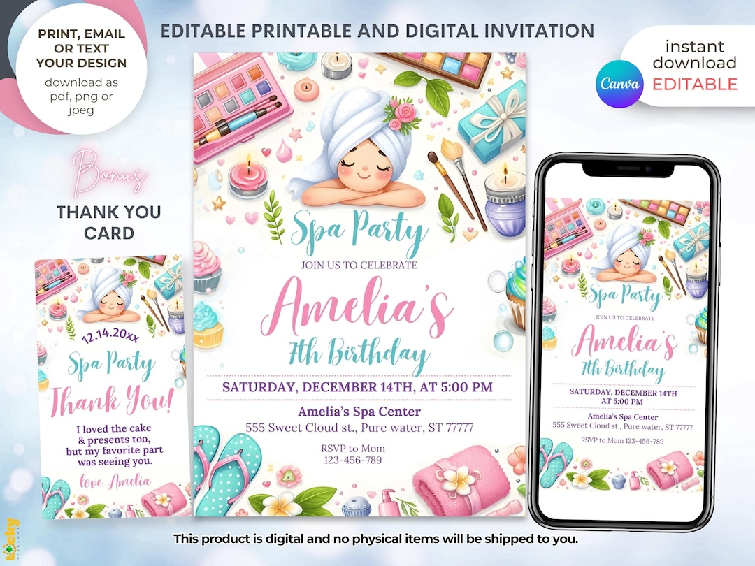 Editable Spa Birthday Party Invitation Pamper Birthday Glam Party ...