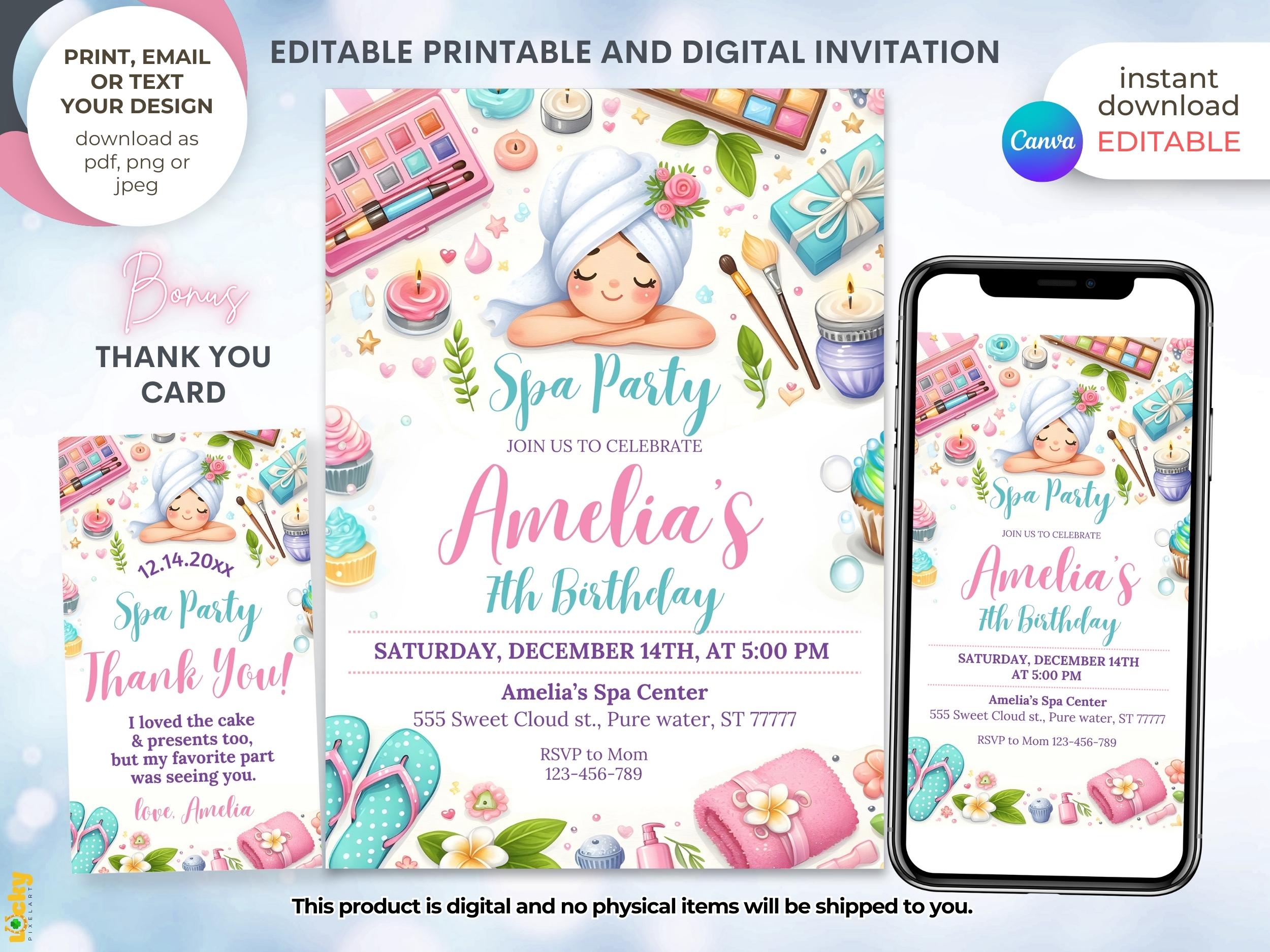 Editable Spa Birthday Party Invitation Pamper Birthday Glam Party ...