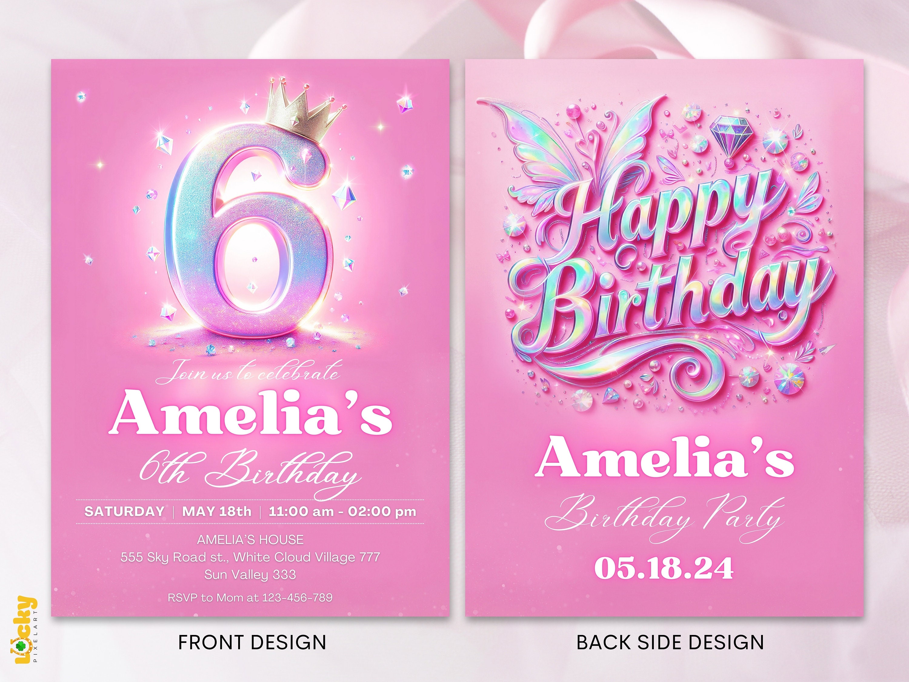 Editable Pink 6th Birthday Invitation Template Diamond Crown Glitter ...