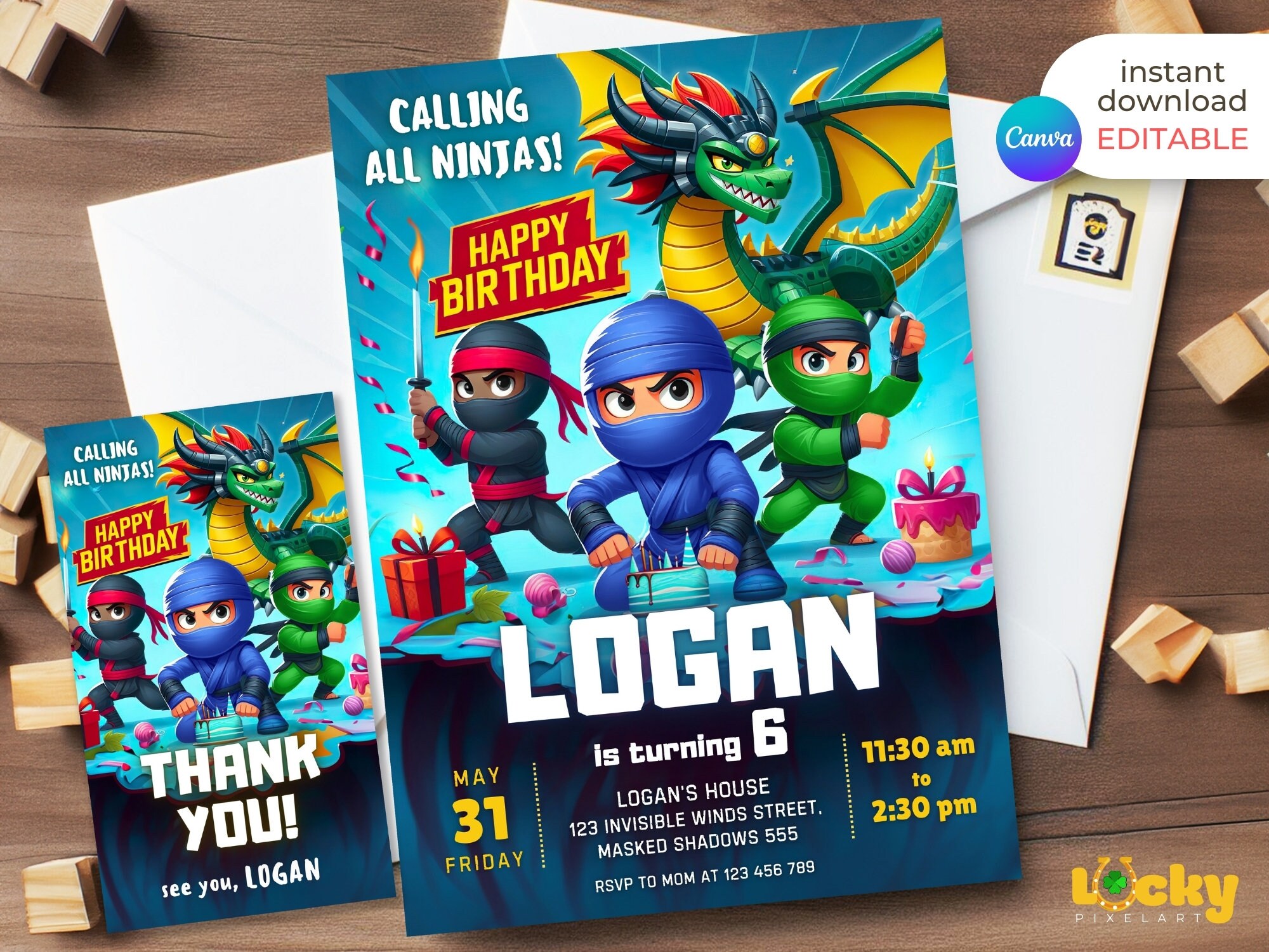 Editable Blue Ninja Dragon Birthday Invitation Digital Ninjas Birthday ...