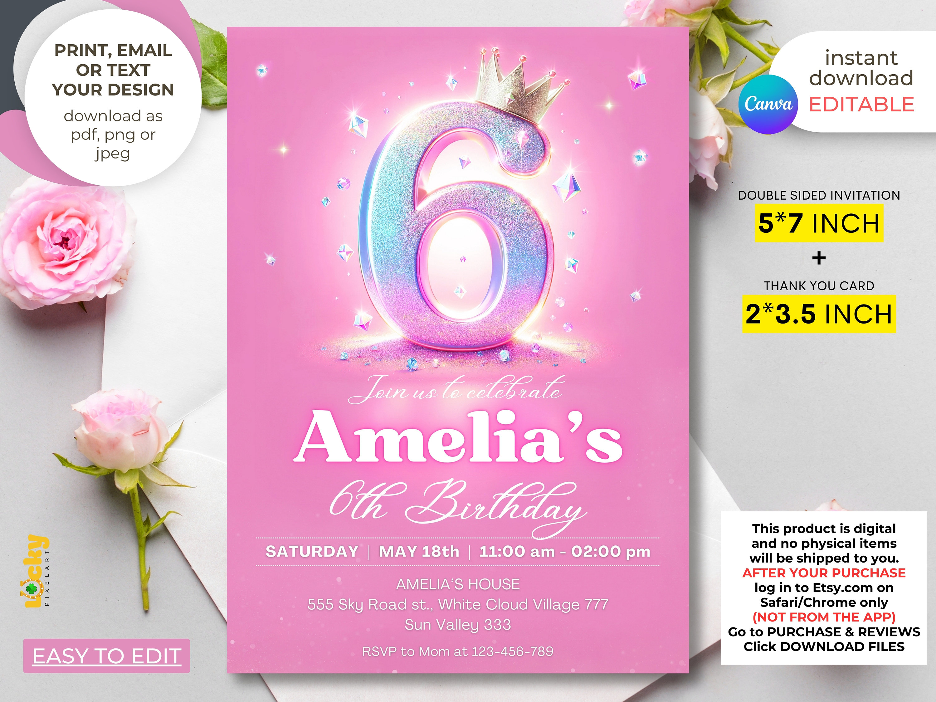 Editable Pink 6th Birthday Invitation Template Diamond Crown Glitter ...