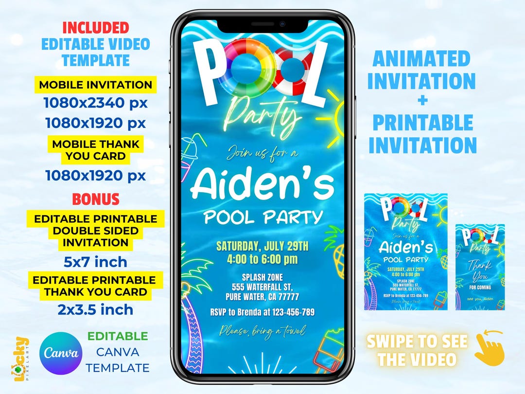 Editable Printable Video Pool Party Invitation Online Digital Template ...