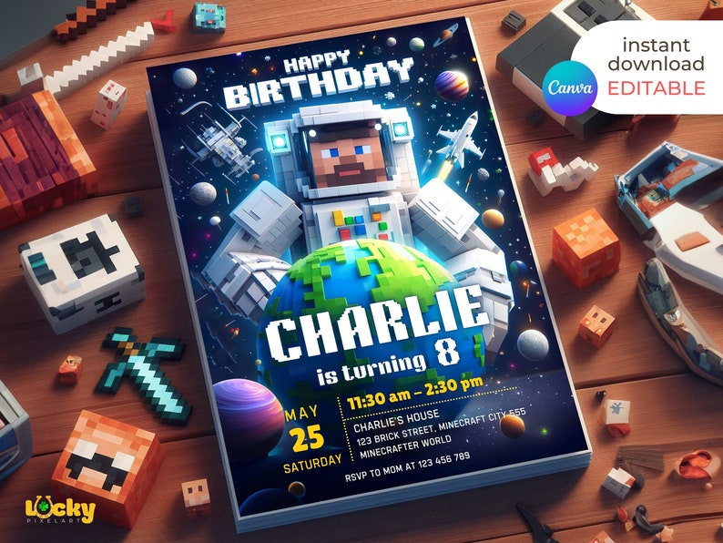 Editable Space Minecraft Birthday Invitation Minecrafter Birthday ...