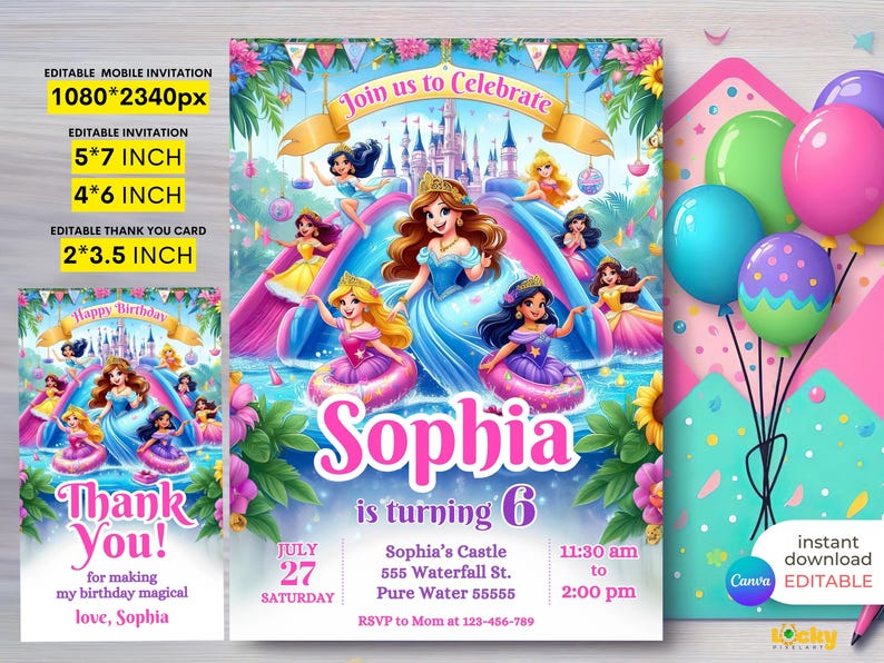 Editable Princess Pool Party Birthday Invitation for Girl Splish Splash ...
