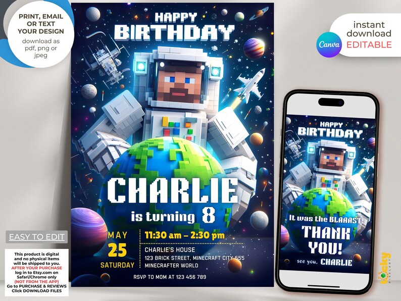 Editable Space Minecraft Birthday Invitation Minecrafter Birthday ...