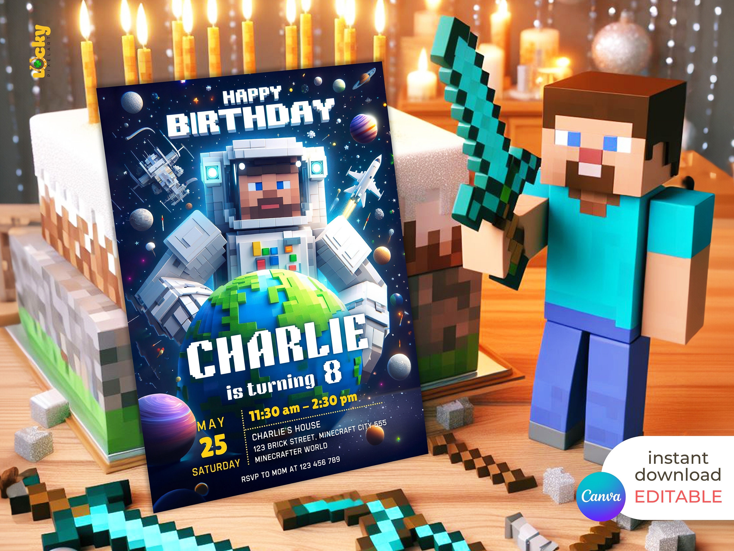 Editable Space Minecraft Birthday Invitation Minecrafter Birthday ...