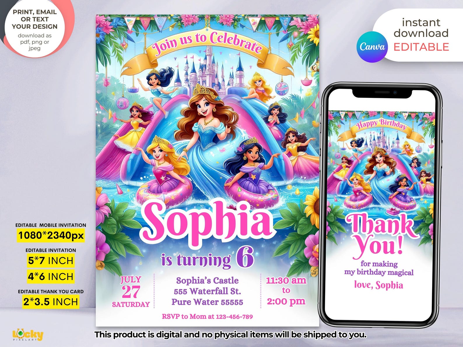 Editable Princess Pool Party Birthday Invitation for Girl Splish Splash ...