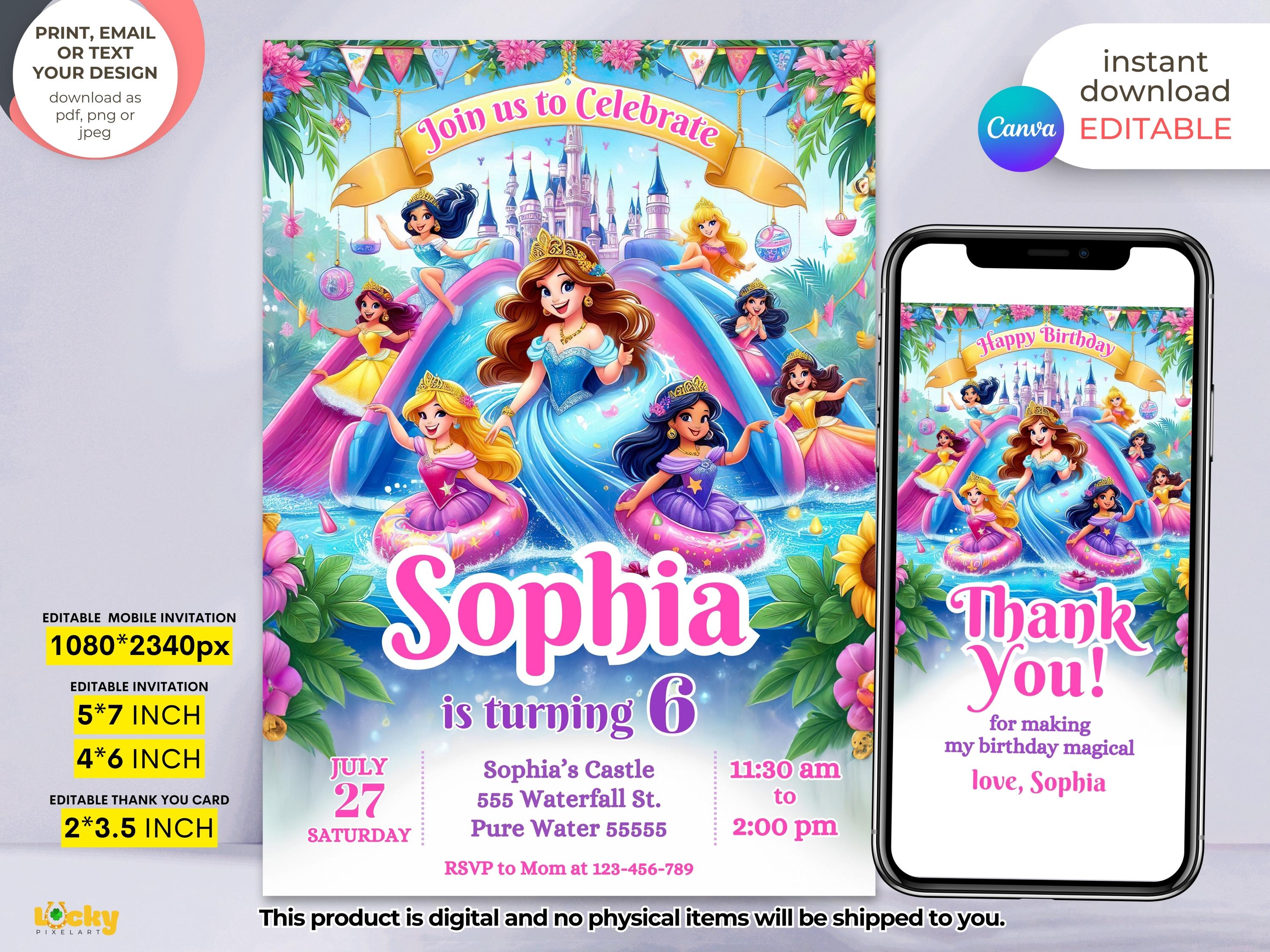 Editable Princess Pool Party Birthday Invitation for Girl Splish Splash ...