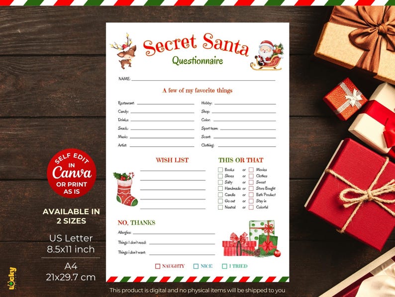 Secret Santa Questionnaire Christmas Printable Gift Exchange Form ...