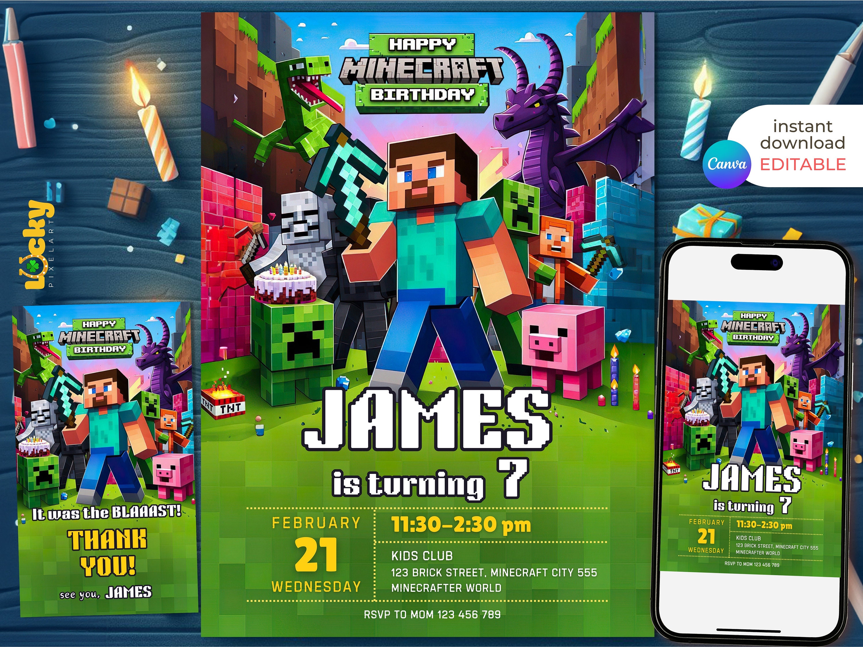 Editable Minecraft Birthday Invitation, Minecrafter Birthday Invitation ...