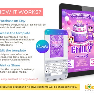 Editable Girl Minecraft Birthday Invitation Minecrafter Girls Birthday ...