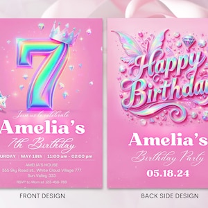 Editable Pink 7th Birthday Invitation Template Diamond Crown Glitter ...