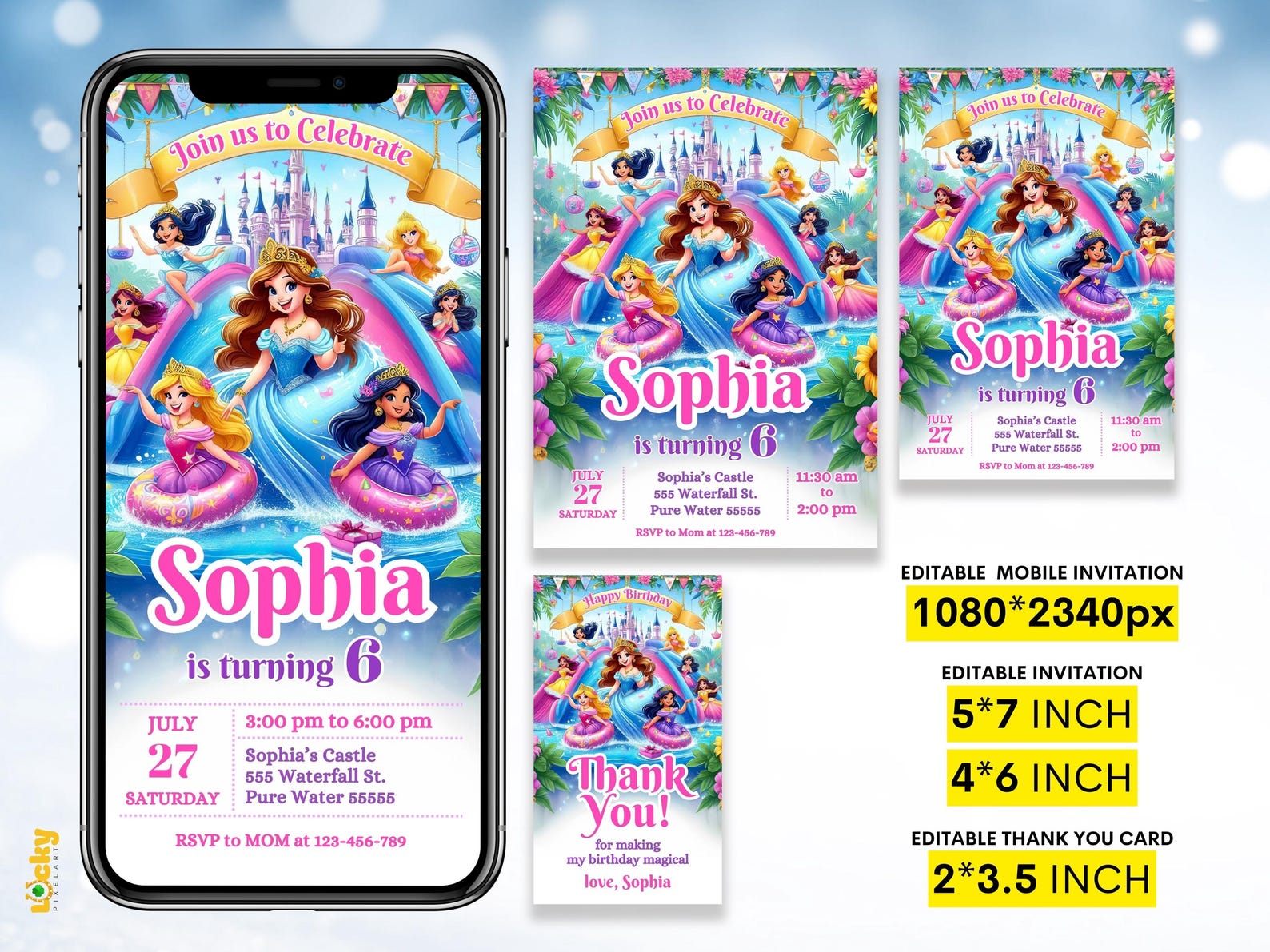 Editable Princess Pool Party Birthday Invitation for Girl Splish Splash ...