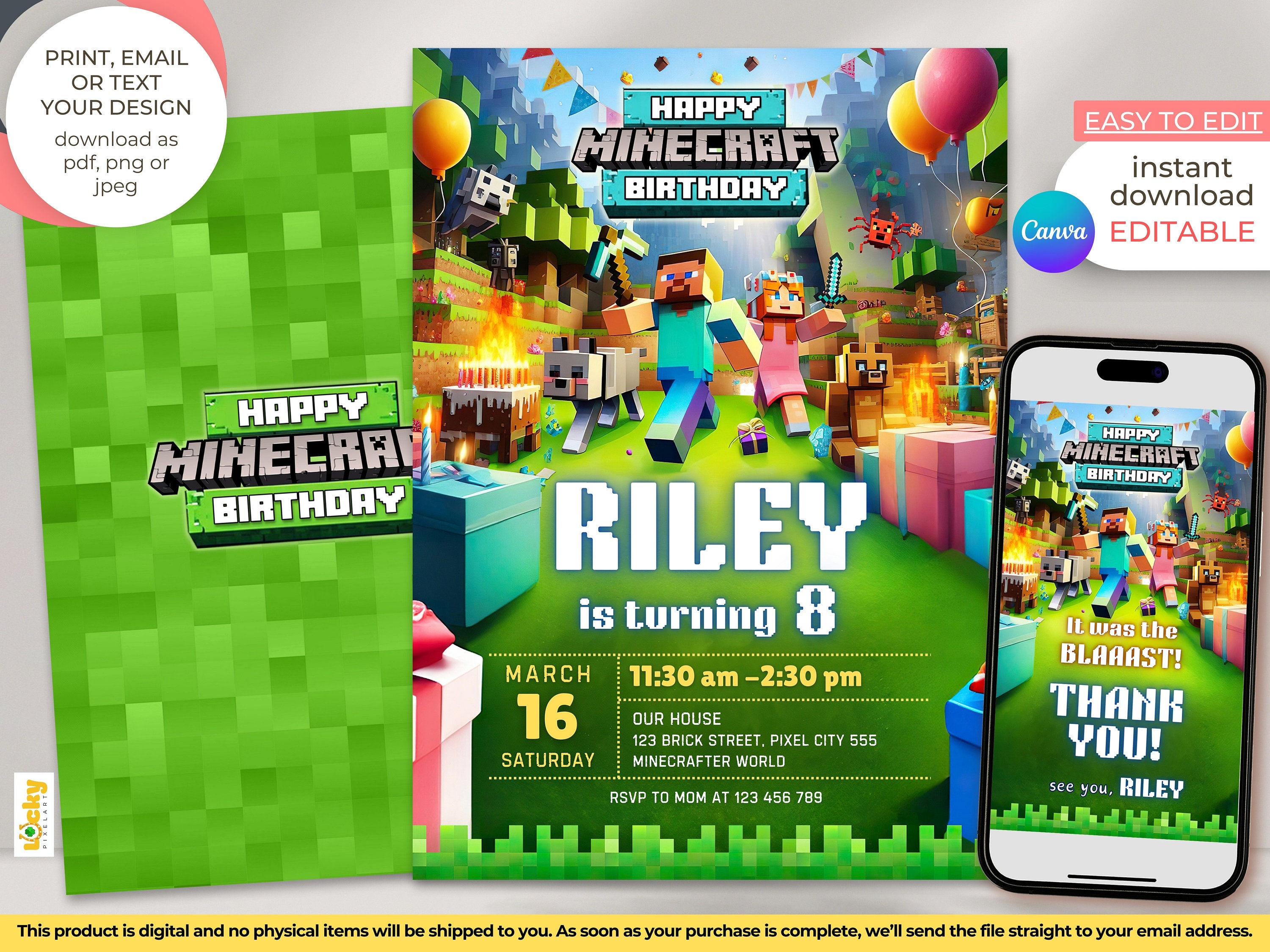 Editable Minecraft Birthday Invitation Minecrafter Birthday Invitation ...