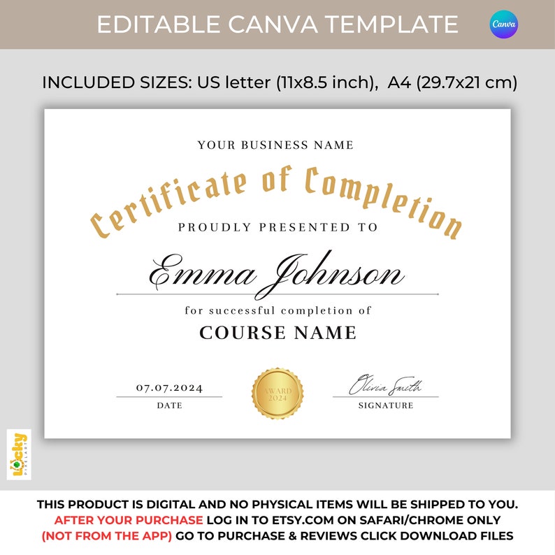 Editable Certificate of Completion Template: Minimalist Award (canva ...