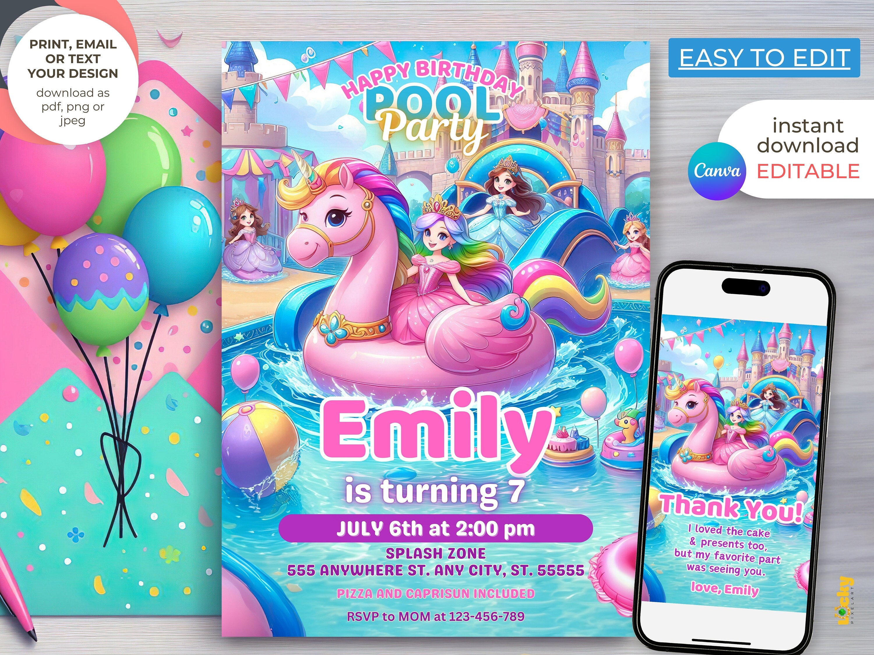 Editable Princess Pool Party Birthday Invitation Girls Unicorn Party ...