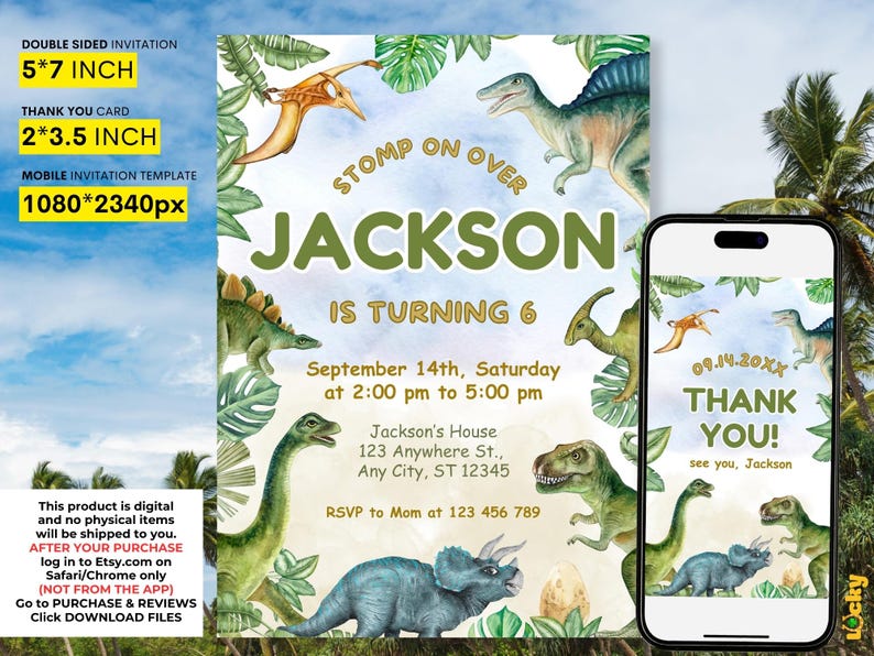Dinosaur Birthday Invitation Template: Editable Party Theme (digital ...