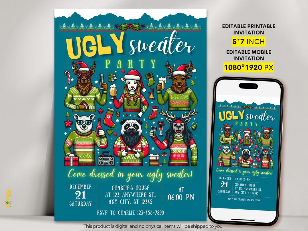 Editable Ugly Sweater Christmas Party Invitation, Printable Ugly ...