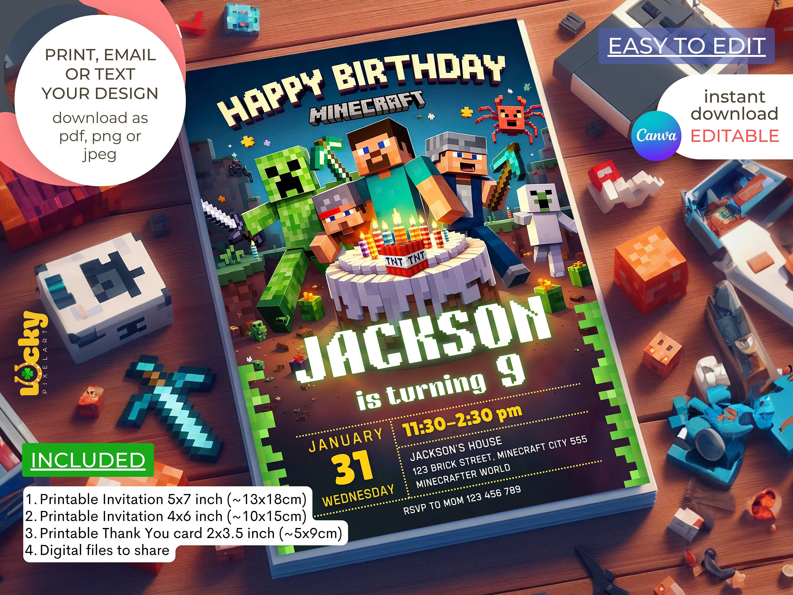 Editable Minecraft Birthday Invitation Minecrafter Birthday Invitation ...