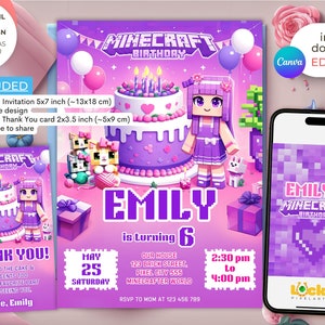 Editable Girl Minecraft Birthday Invitation Minecrafter Girls Birthday ...