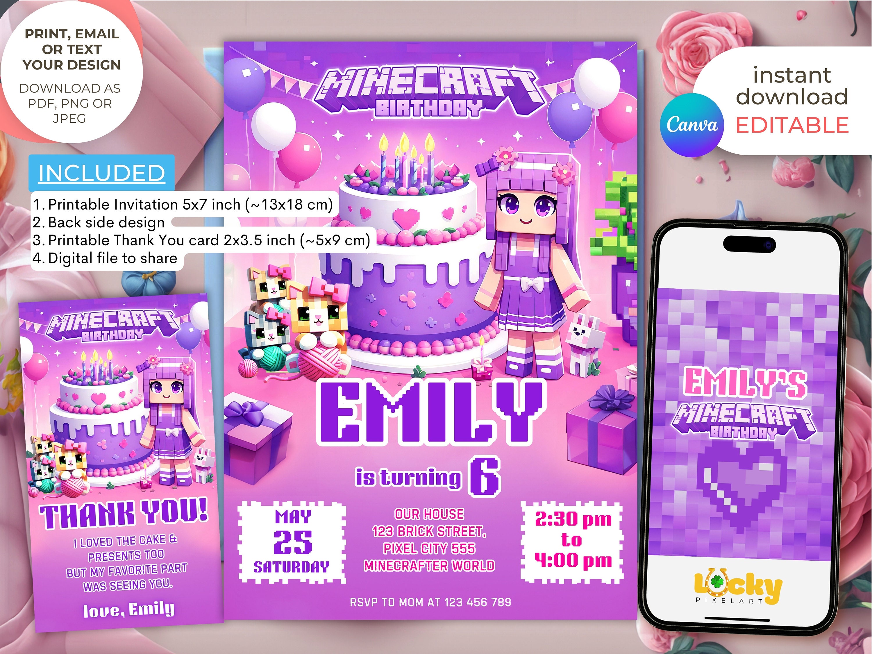 Editable Girl Minecraft Birthday Invitation Minecrafter Girls Birthday ...