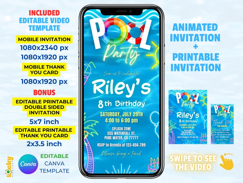Editable Printable Video Pool Party Invitation Online Digital Template ...