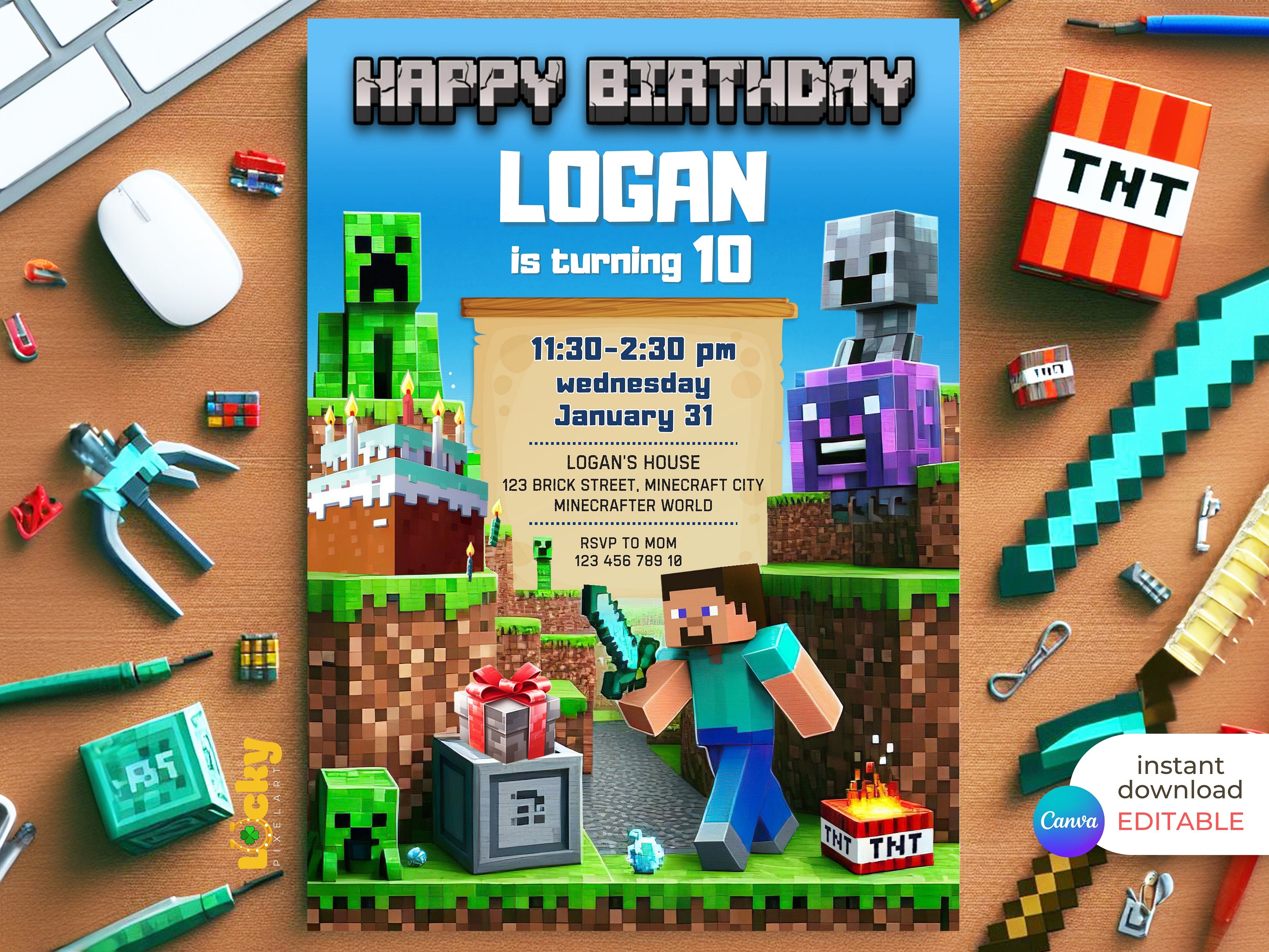 Editable Minecraft Birthday Invitation Minecrafter Party Kids ...