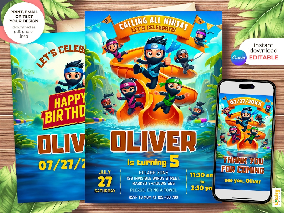 Editable Ninja Pool Party Birthday Invitation Ninja Online Birthday ...
