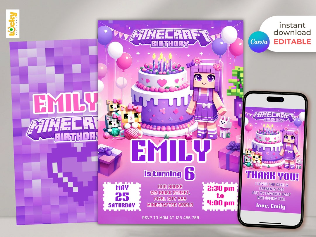 Editable Girl Minecraft Birthday Invitation Minecrafter Girls Birthday ...