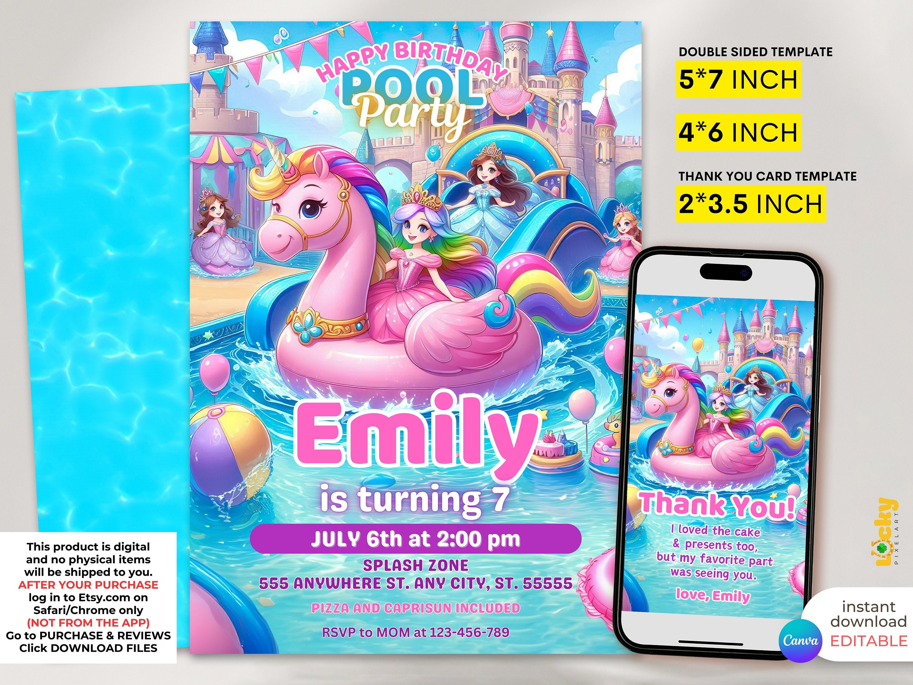Editable Princess Pool Party Birthday Invitation Girls Unicorn Party ...