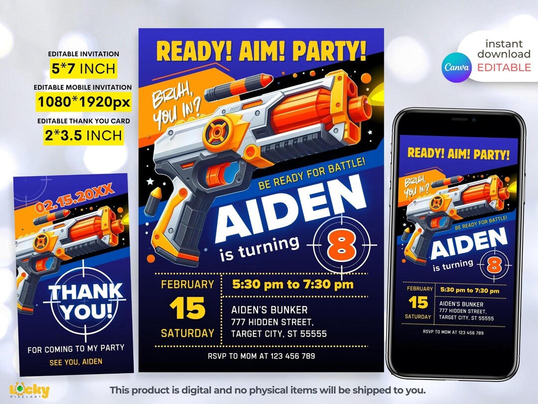 Editable Dart Gun Birthday Invitation Template for Boy and Girl, Mobile ...