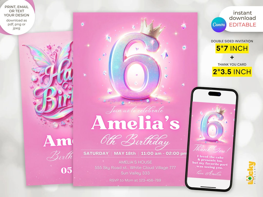 Editable Pink 6th Birthday Invitation Template Diamond Crown Glitter ...