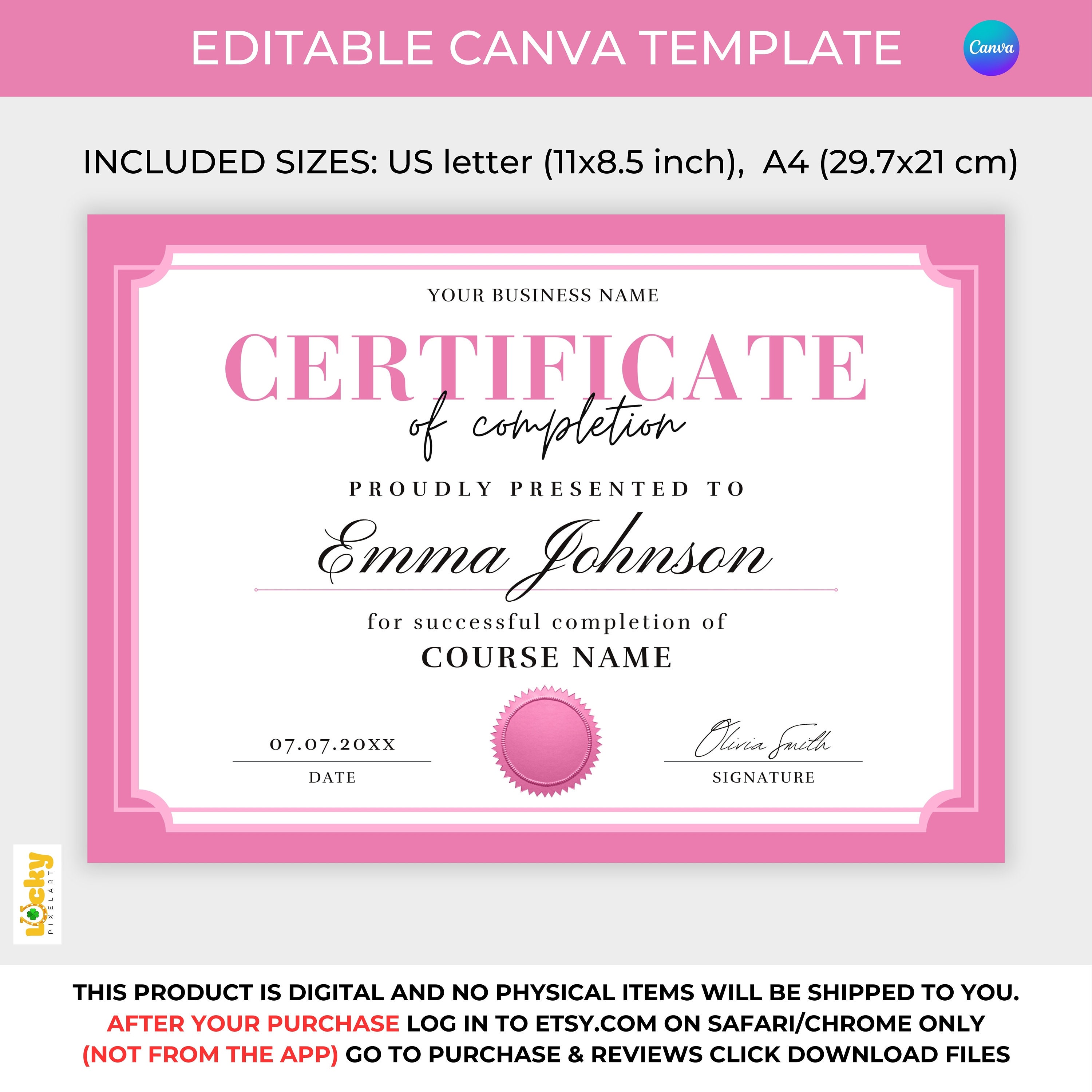Editable Certificate of Completion Template Award Template Printable ...
