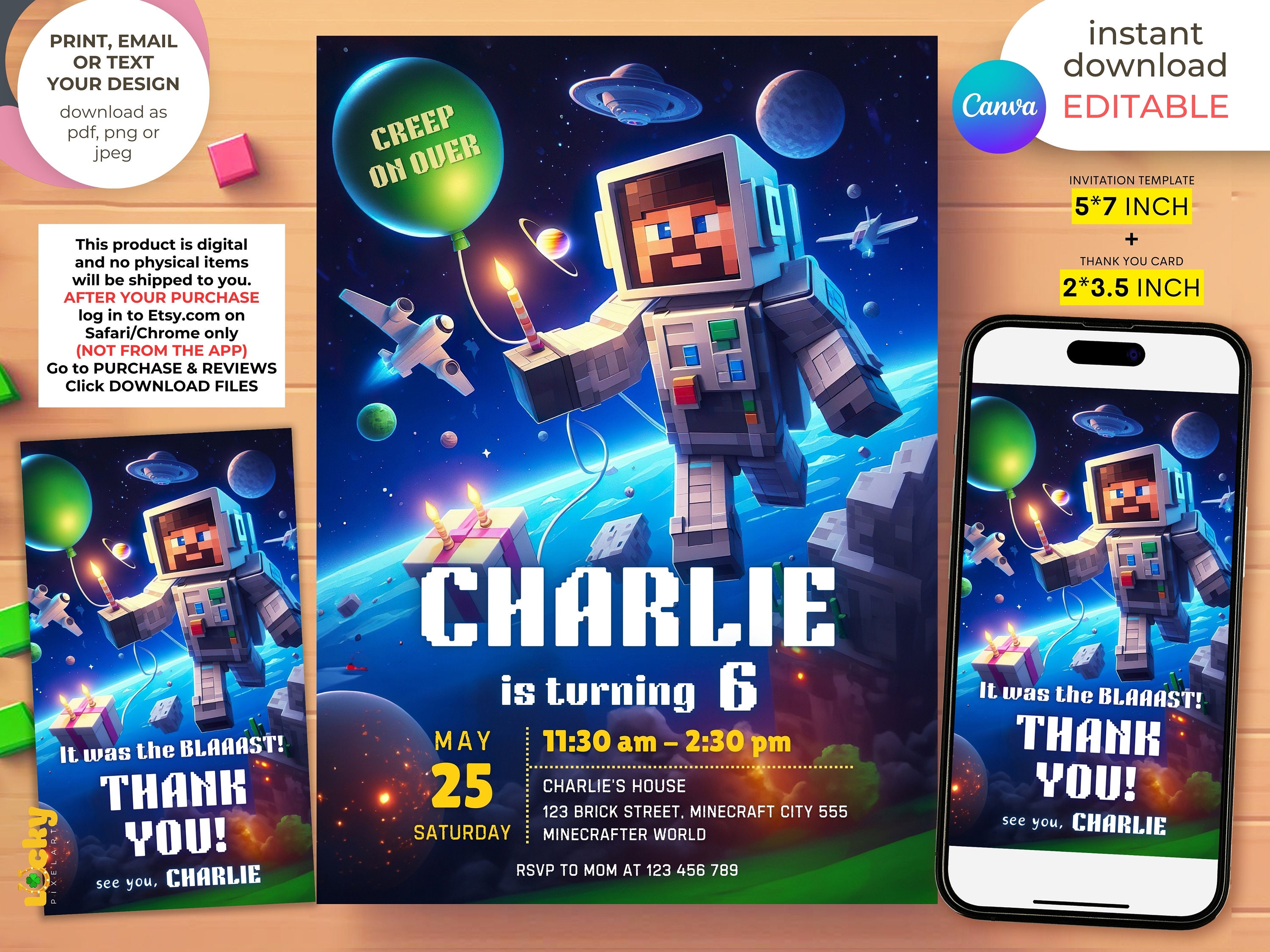 Editable Space Minecraft Birthday Invitation Minecrafter Birthday ...