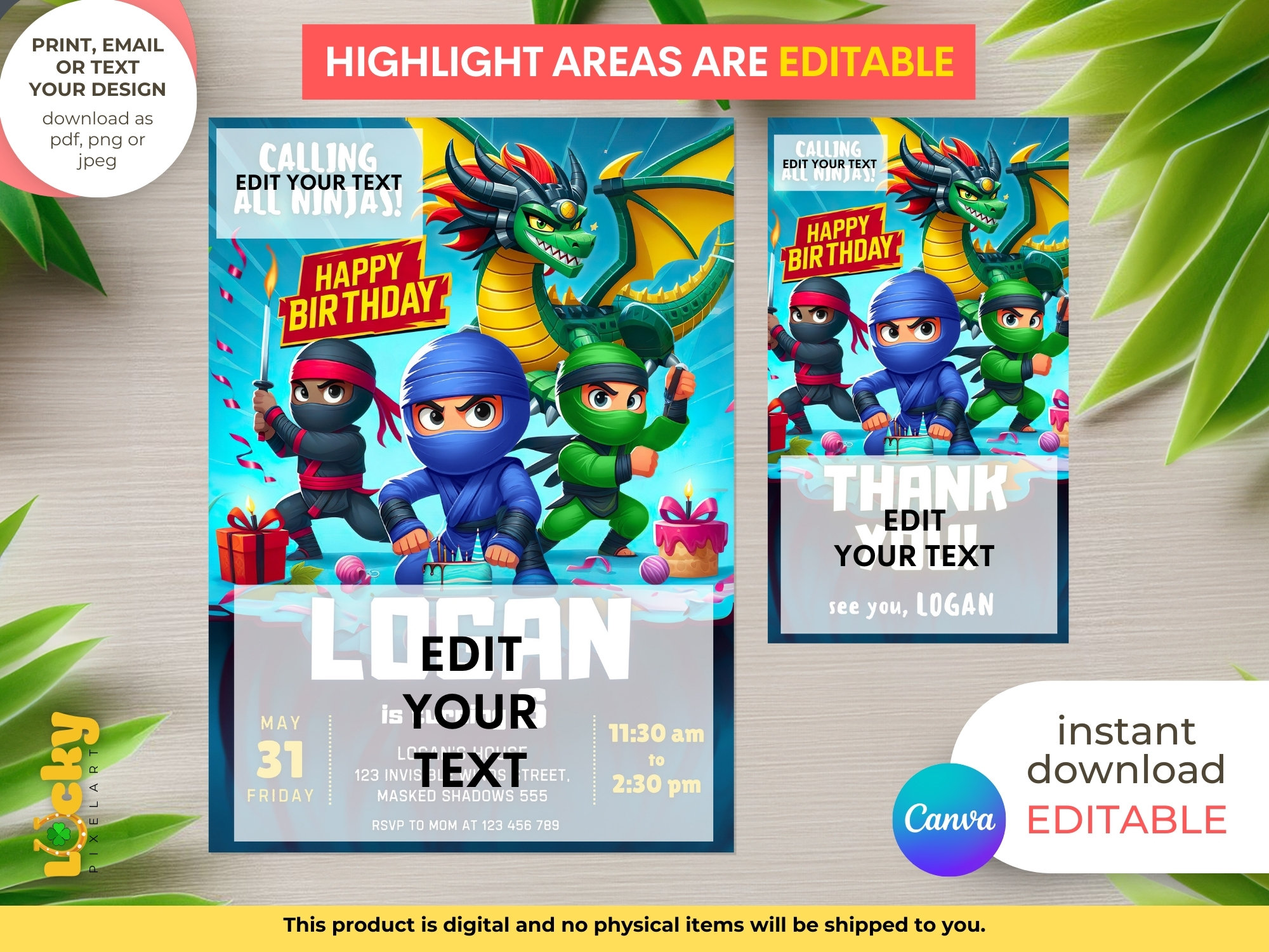 Editable Blue Ninja Dragon Birthday Invitation Digital Ninjas Birthday ...