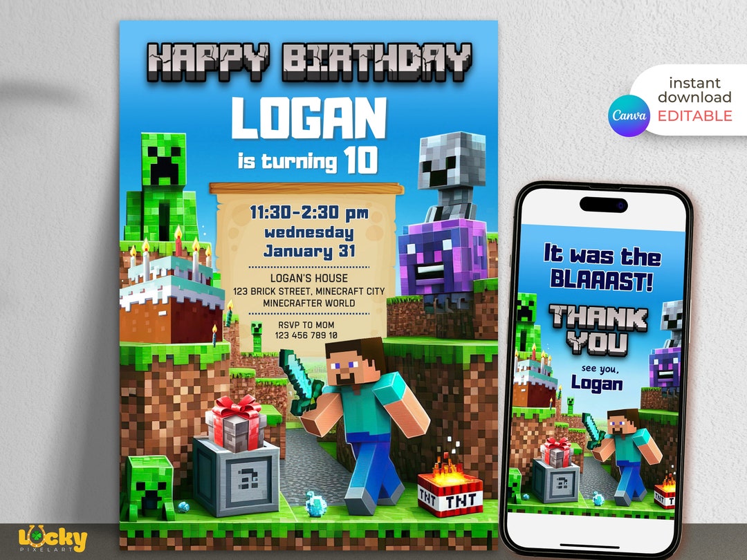 Editable Minecraft Birthday Invitation Minecrafter Party Kids ...