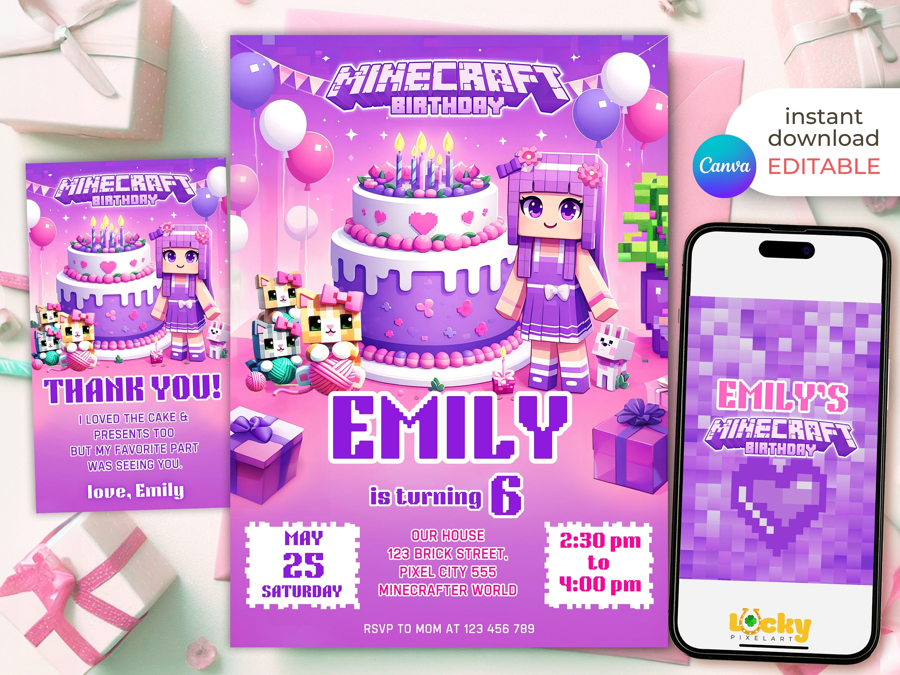 Editable Girl Minecraft Birthday Invitation Minecrafter Girls Birthday ...