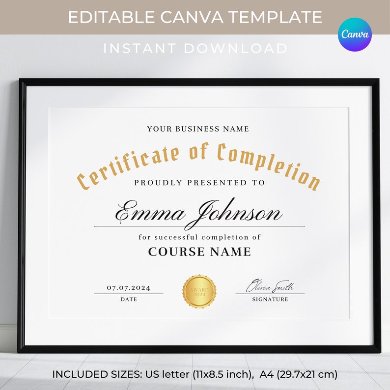 Editable Certificate of Completion Template: Minimalist Award (canva ...