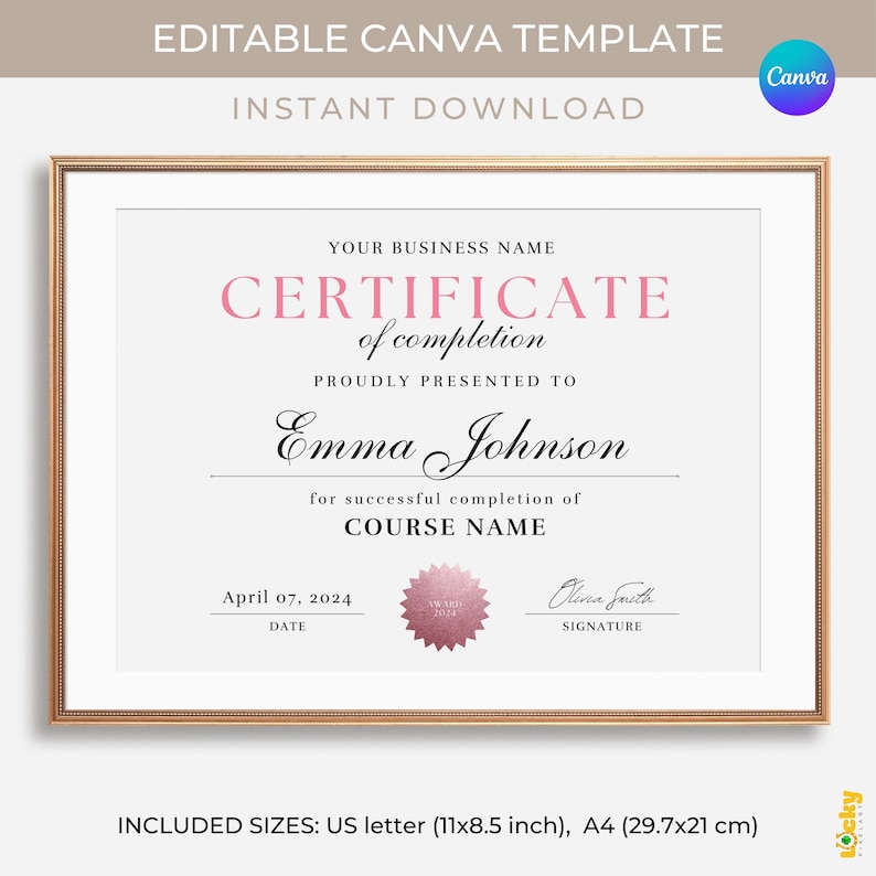 Editable Certificate of Completion Template: Minimalist Award (canva ...