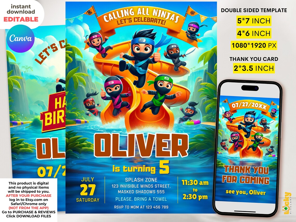 Ninja Pool Party Birthday Invitation: Editable Kids Invite (digital) - Etsy