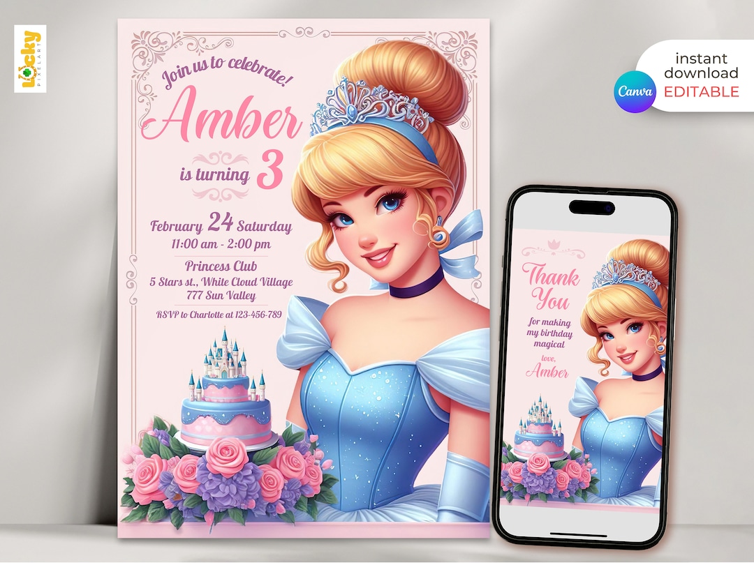 Editable Cinderella Birthday Invitation: Princess Party (digital ...