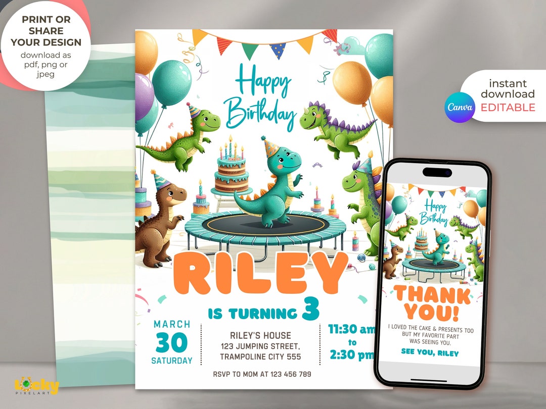 Editable Dinosaur Birthday Invitation Digital T-rex Birthday ...