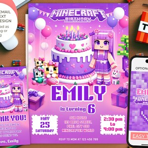Editable Girl Minecraft Birthday Invitation Minecrafter Girls Birthday ...