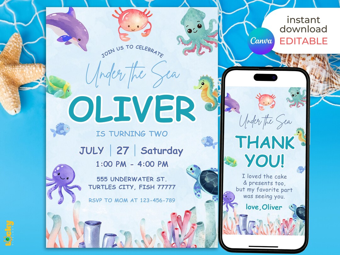 Under the Sea Birthday Invitation Template Ocean Animals Party Sea ...